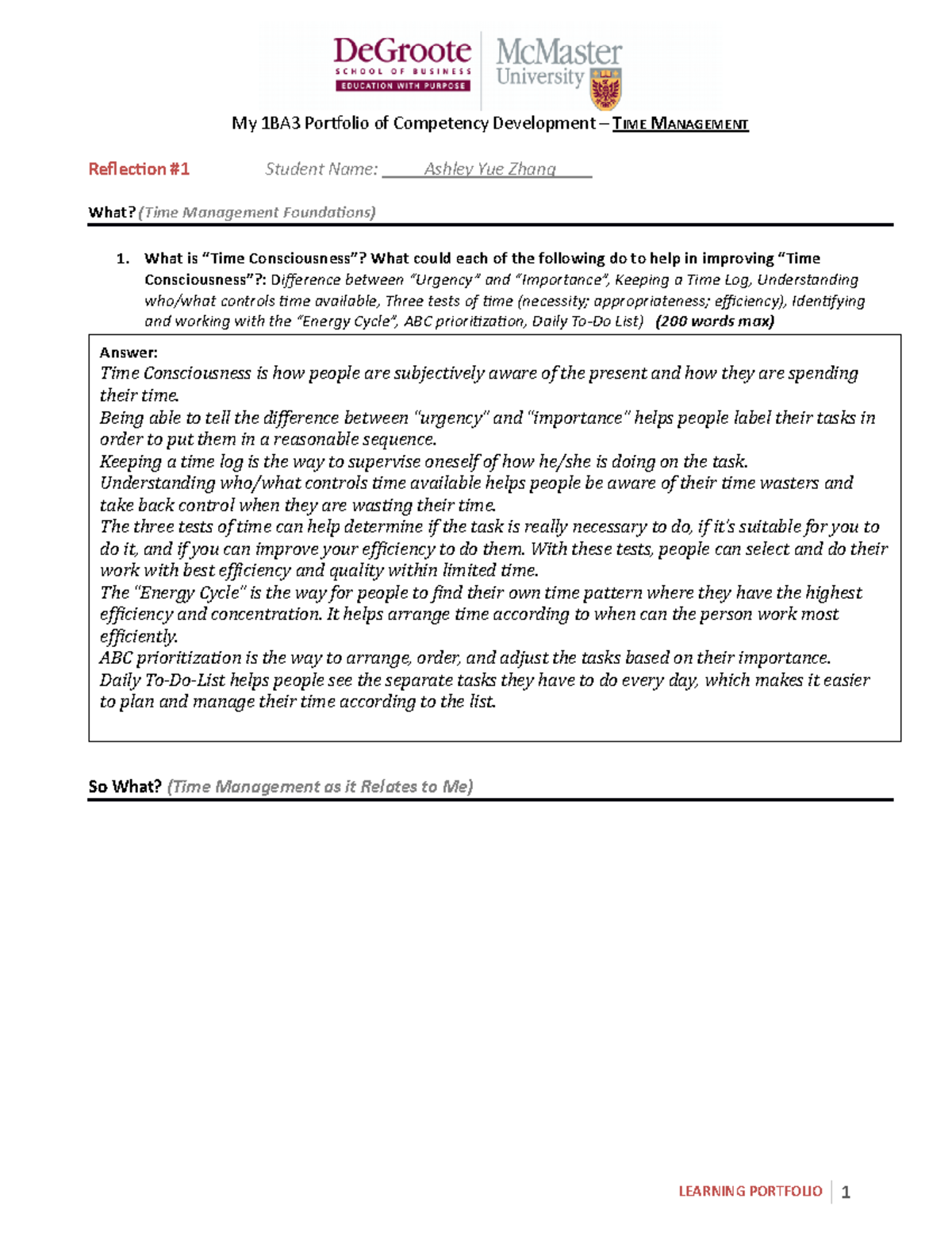LP Reflection #1 - 1BA3 - Time Management - Fall 2019 - My 1BA3 Portfolio of Competency ...
