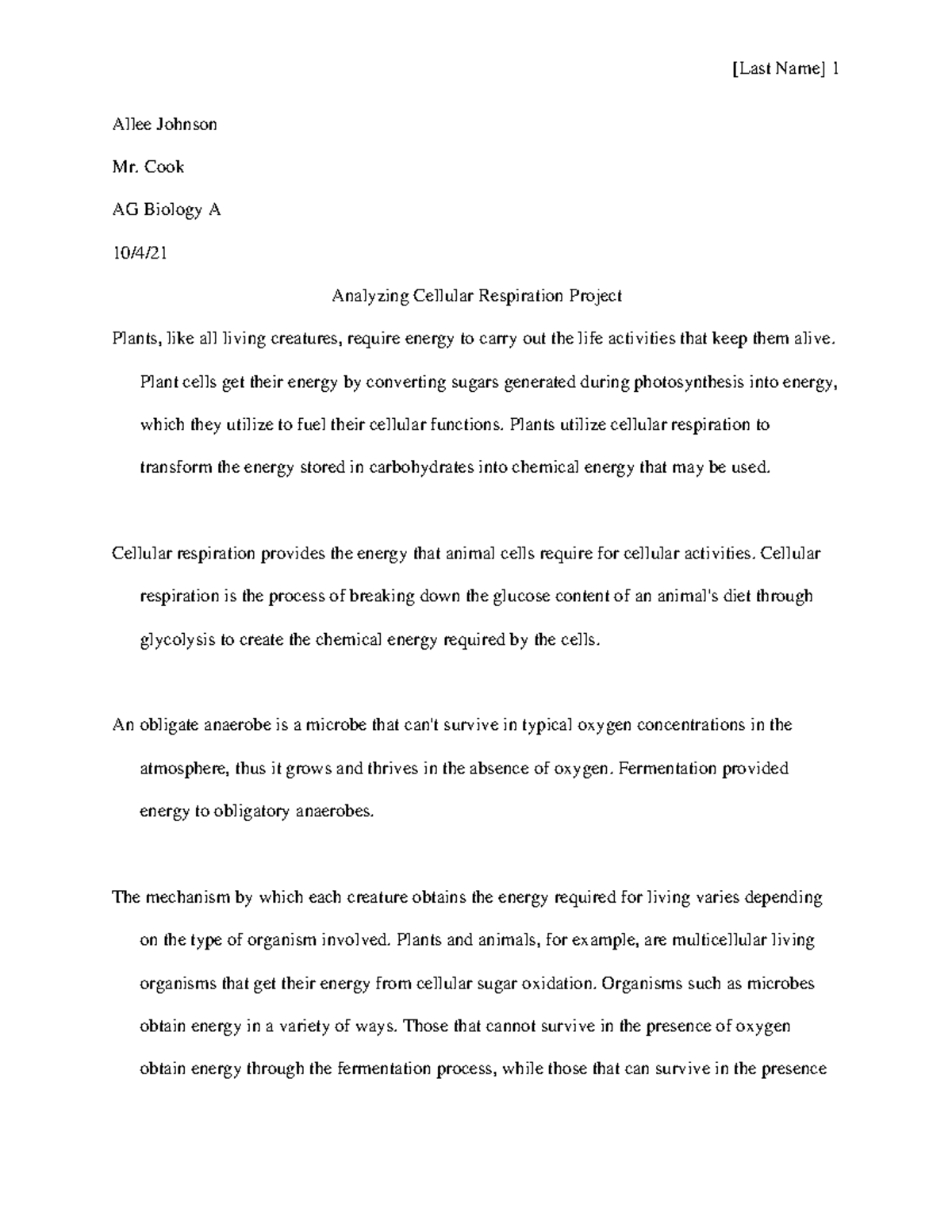 Analyzing Cellular Respiration Project 100% - [Last Name] 1 Allee ...