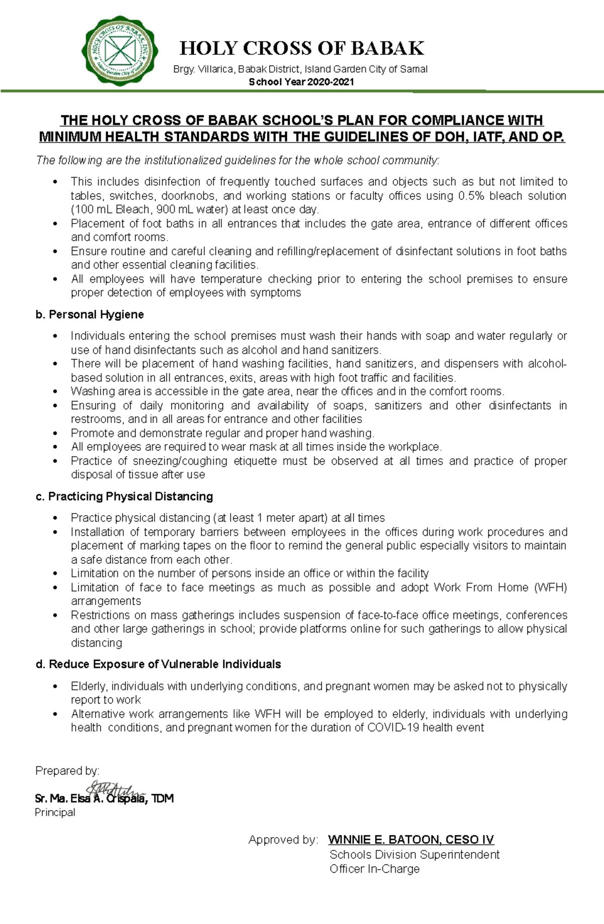 Minimum Health Standards Guidelines - HOLY CROSS OF BABAK Brgy ...