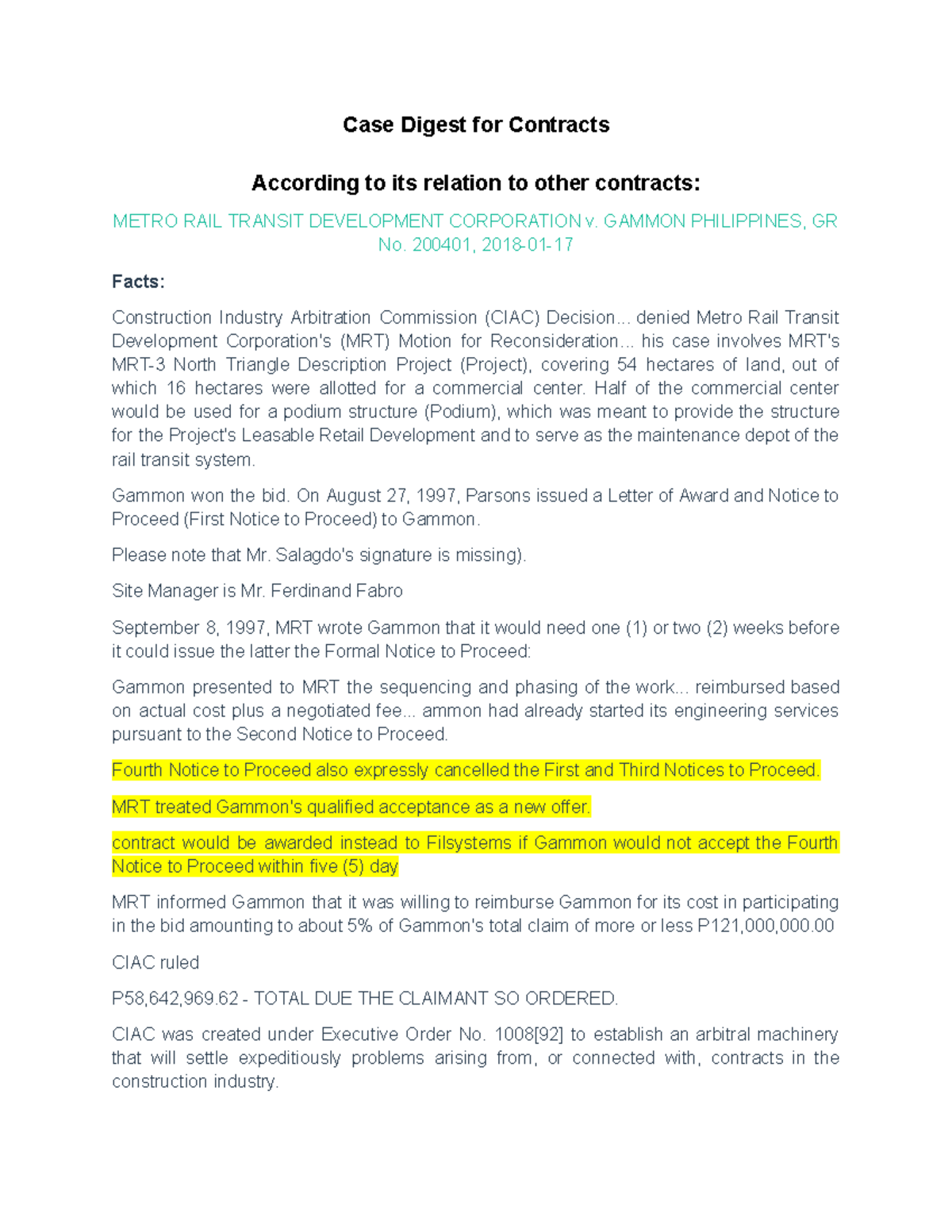 Case Digest for Contracts - Case Digest for Contracts According to its ...