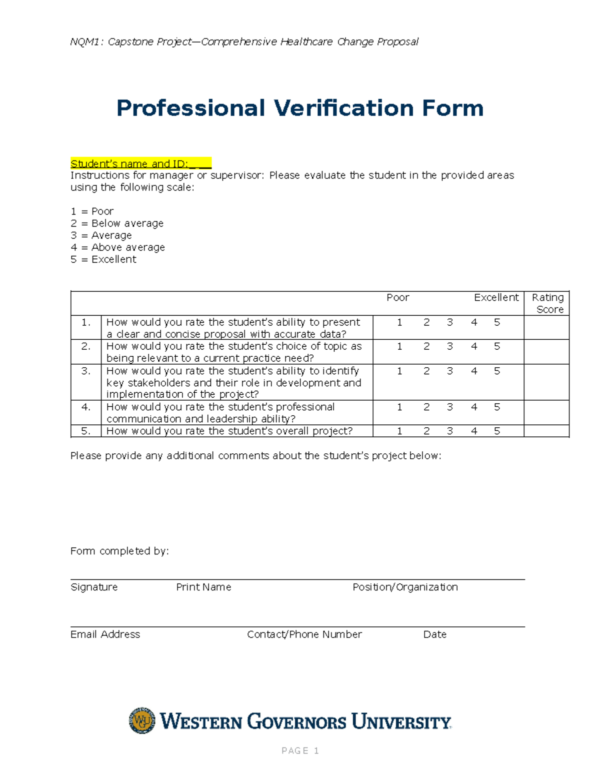 Professional Verification Form - NQM1: Capstone Project—Comprehensive ...