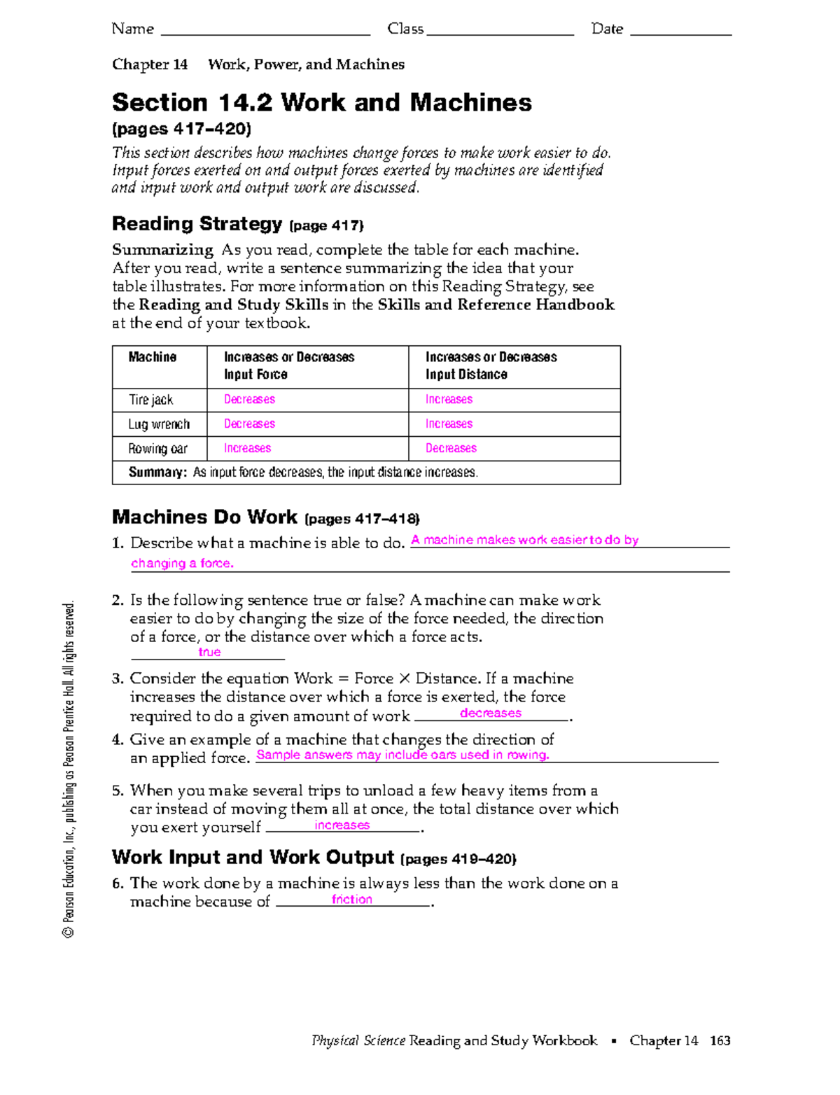 Section 14.2 Work and Machines - Name ___________________________ Class