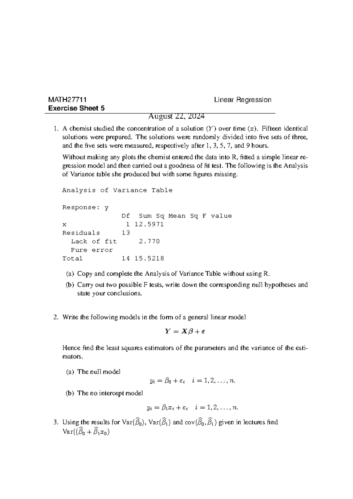 Course Work 5 - The exercise sheet for the Linear Regression Model ...