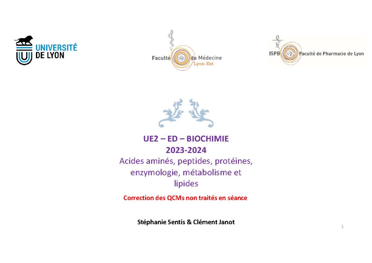 Correction des QCMS du fascicule non vus en séance - 2023 - pdf - Stéphanie Sentis & Clément ...