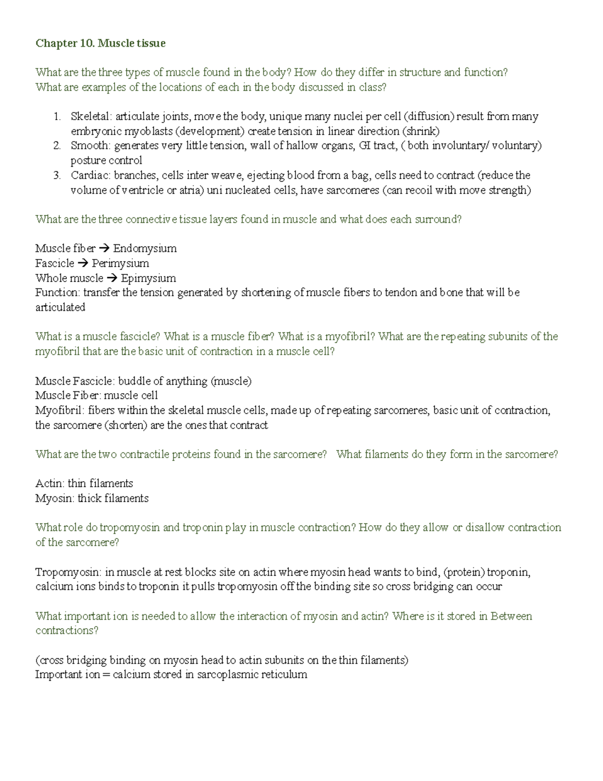 Chapter 10 study guide - Chapter 10. Muscle tissue What are the three ...