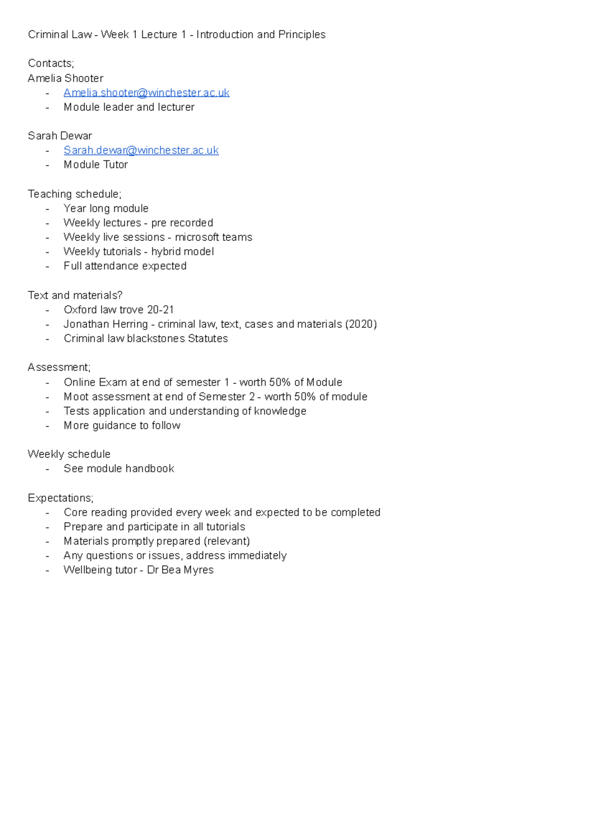 Criminal Law - Week 1 Lecture 1 - Introduction and Principles ...