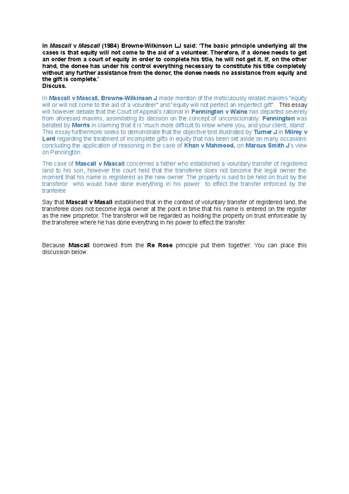 In Mascall v Mascall - question - In Mascall v Mascall (1984) Browne ...