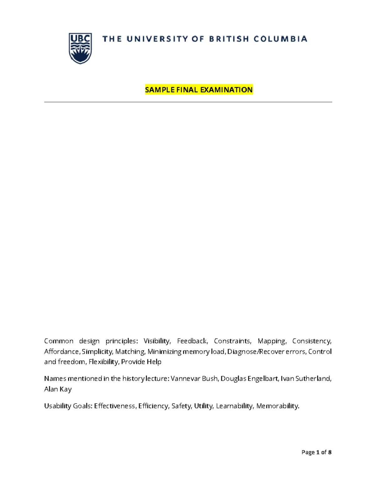 COSC341 Sample Final Exam - SAMPLE FINAL EXAMINATION Common design ...