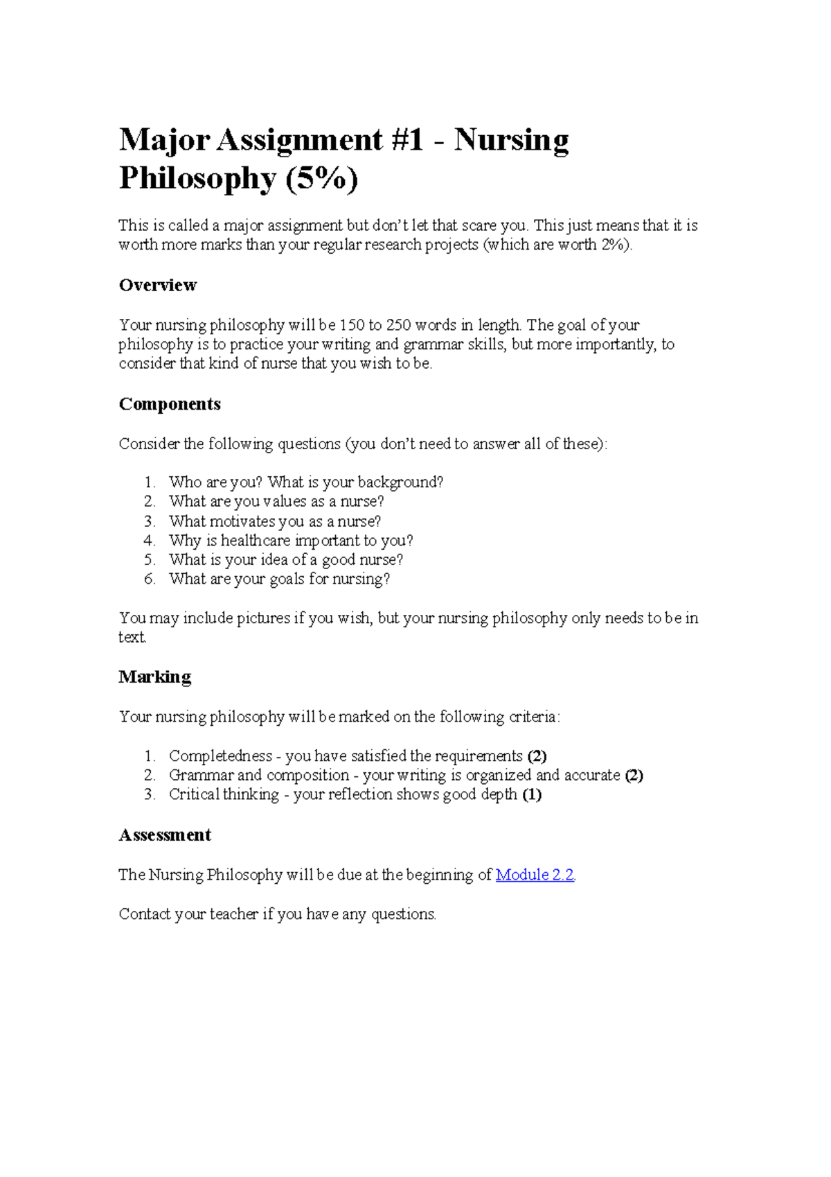 English Homework Major Assignment - Major Assignment #1 - Nursing ...