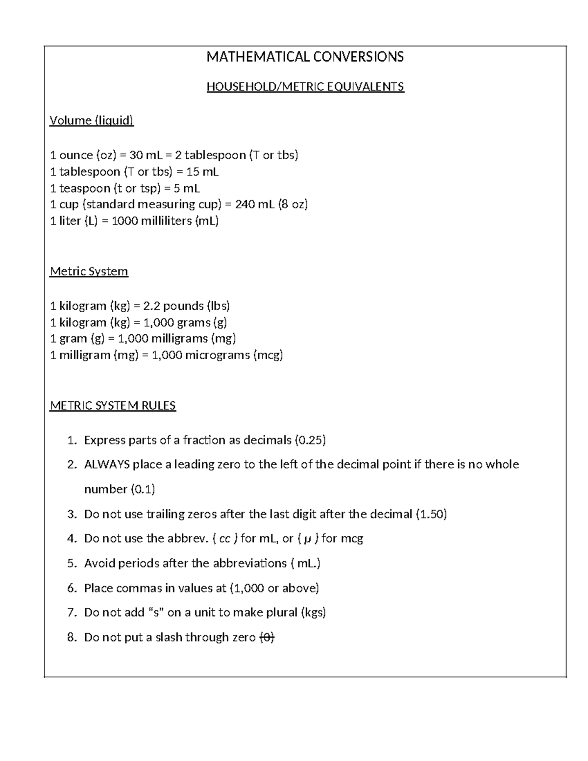 Mathematical Conversions 2 - MATHEMATICAL CONVERSIONS HOUSEHOLD/METRIC ...