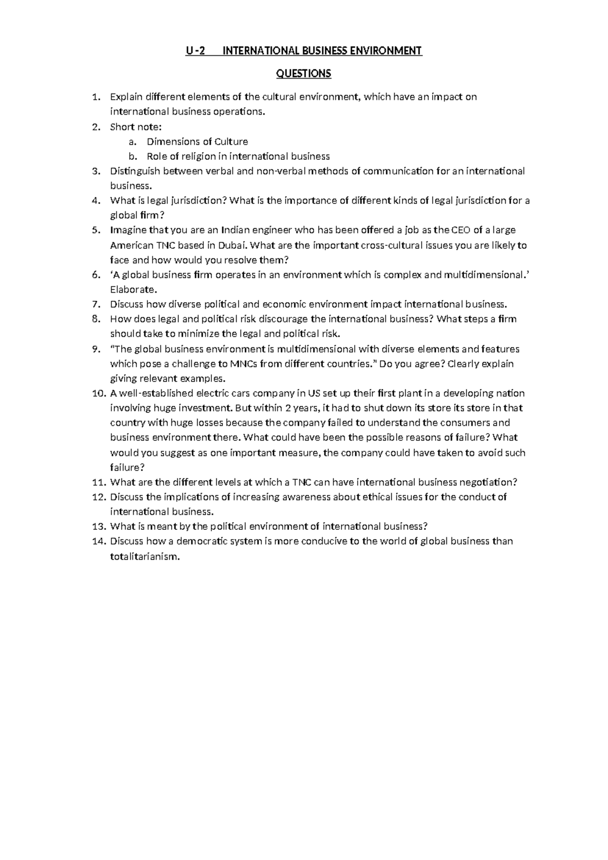 Questions International Business - U -2 INTERNATIONAL BUSINESS ...