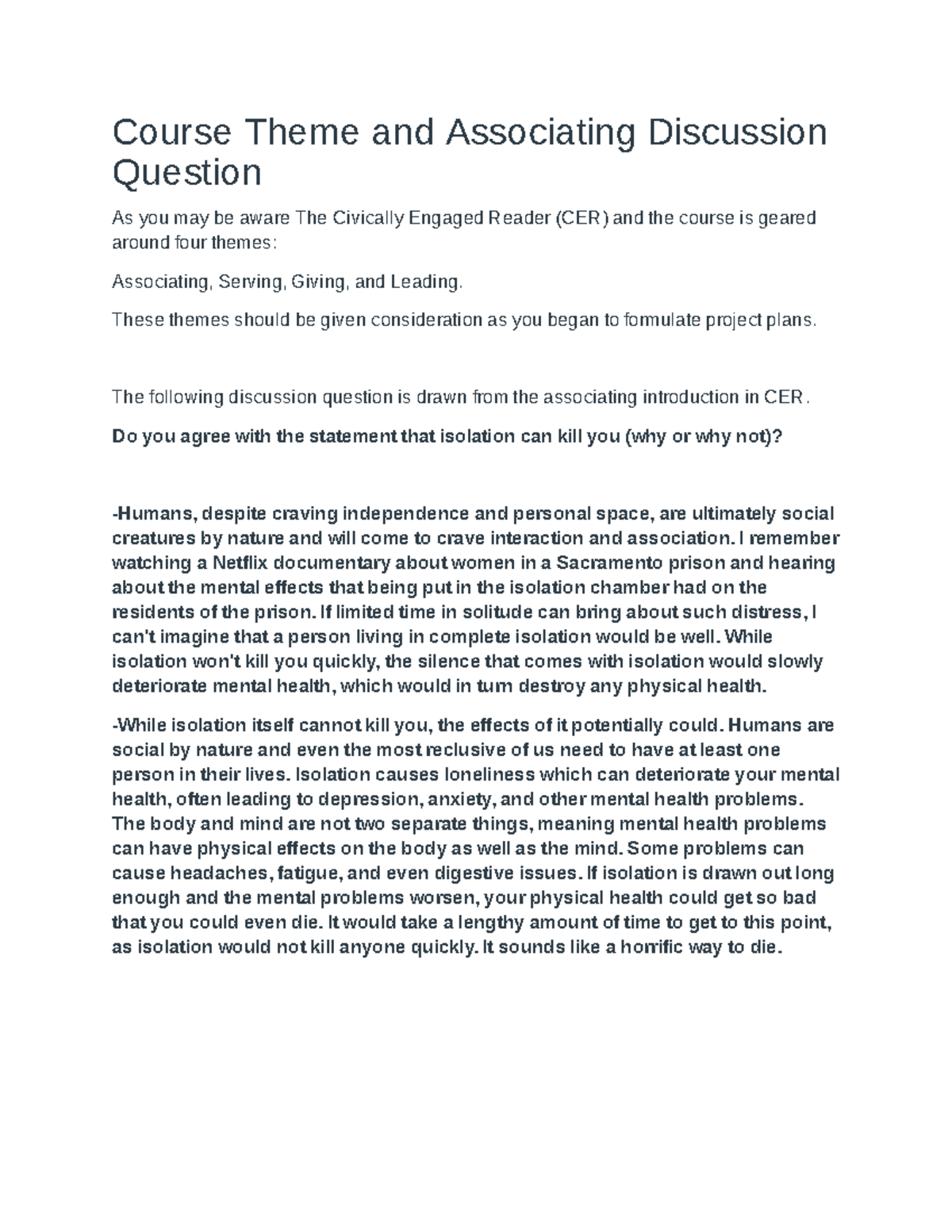 Foundation Civic Engagement- #1 Discussion Question - Google Docs ...