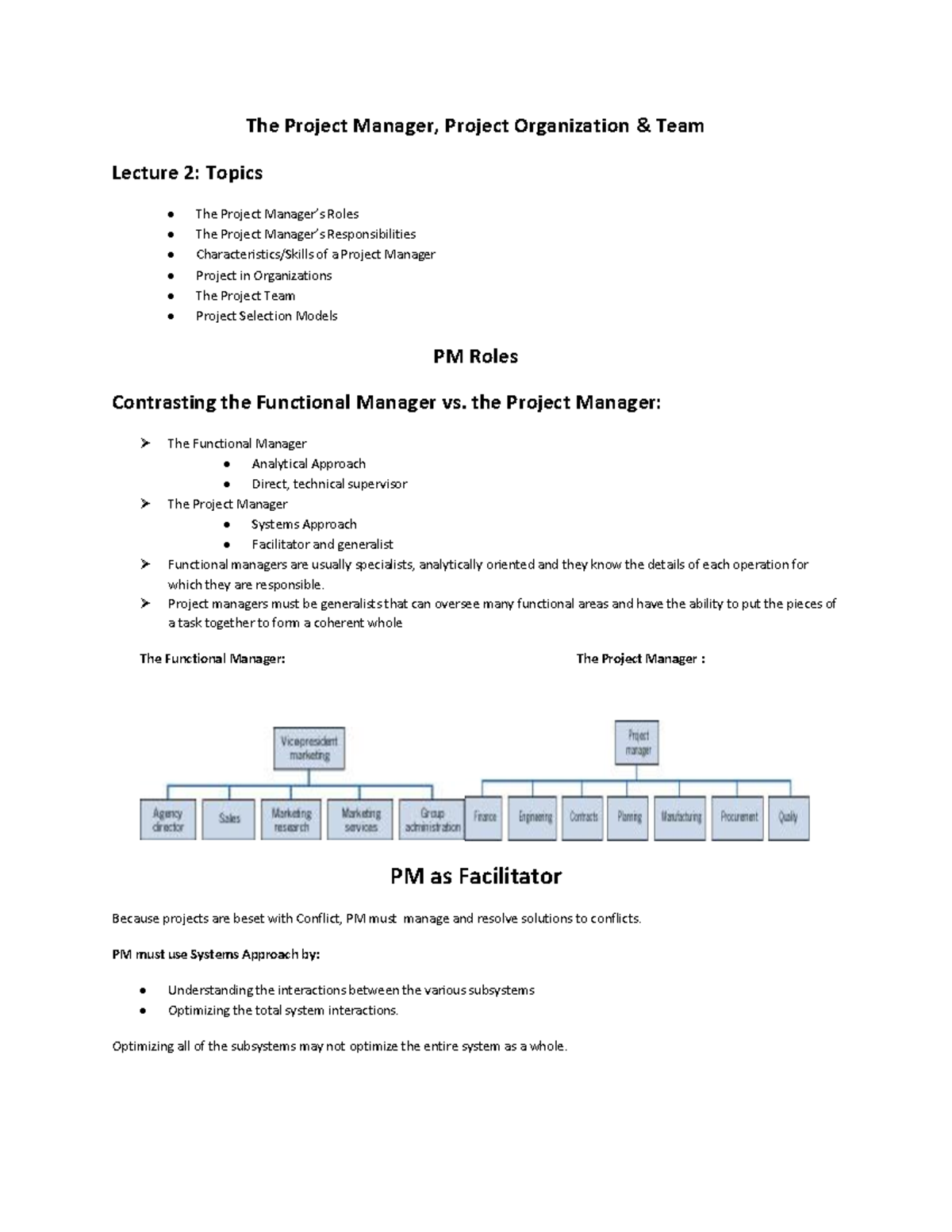 Lec 2 3PM role - Note - The Project Manager, Project Organization ...
