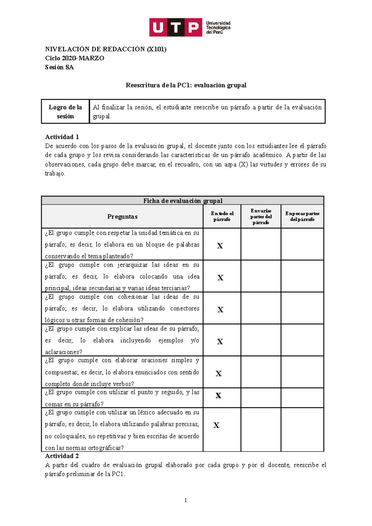 100000 X101 Actividad Reescritura de la PC1. Evaluación grupal S08 - NIVELACIÓN DE REDACCIÓN ...