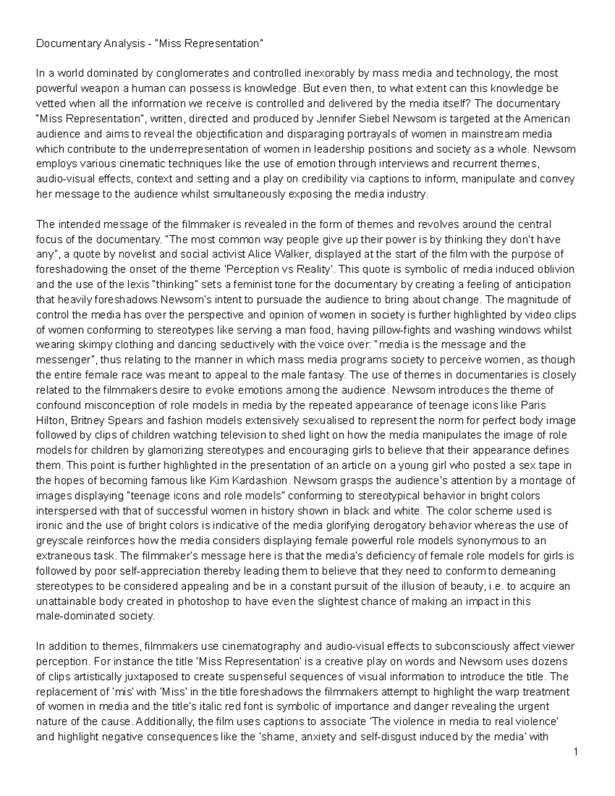 ENG 105 Documentary Analysis - Documentary Analysis - “Miss ...