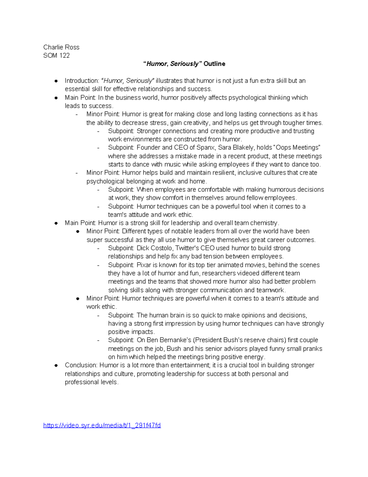 Humor, Seriously Outline - Charlie Ross SOM 122 “Humor, Seriously ...