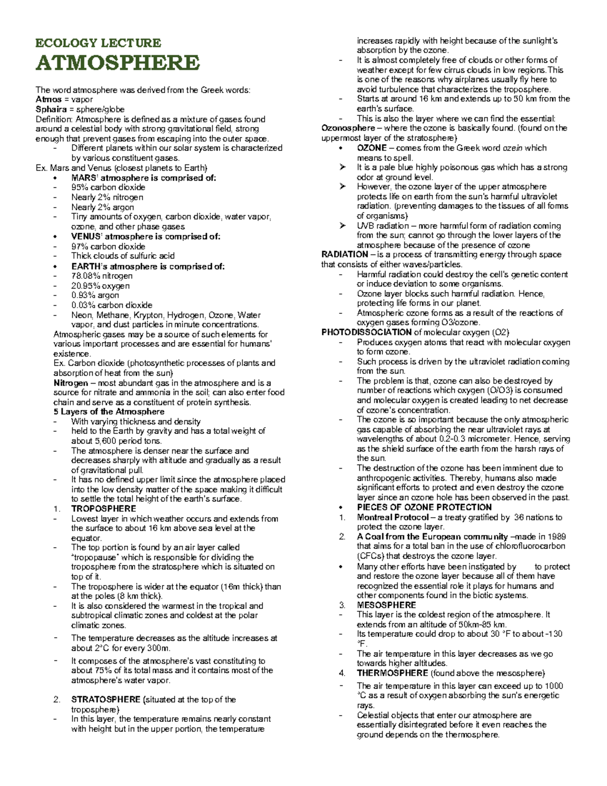 Lec 4 Atmosphere Lecture Notes About The Atmosphere From Our Ecology Class Ecology Lecture