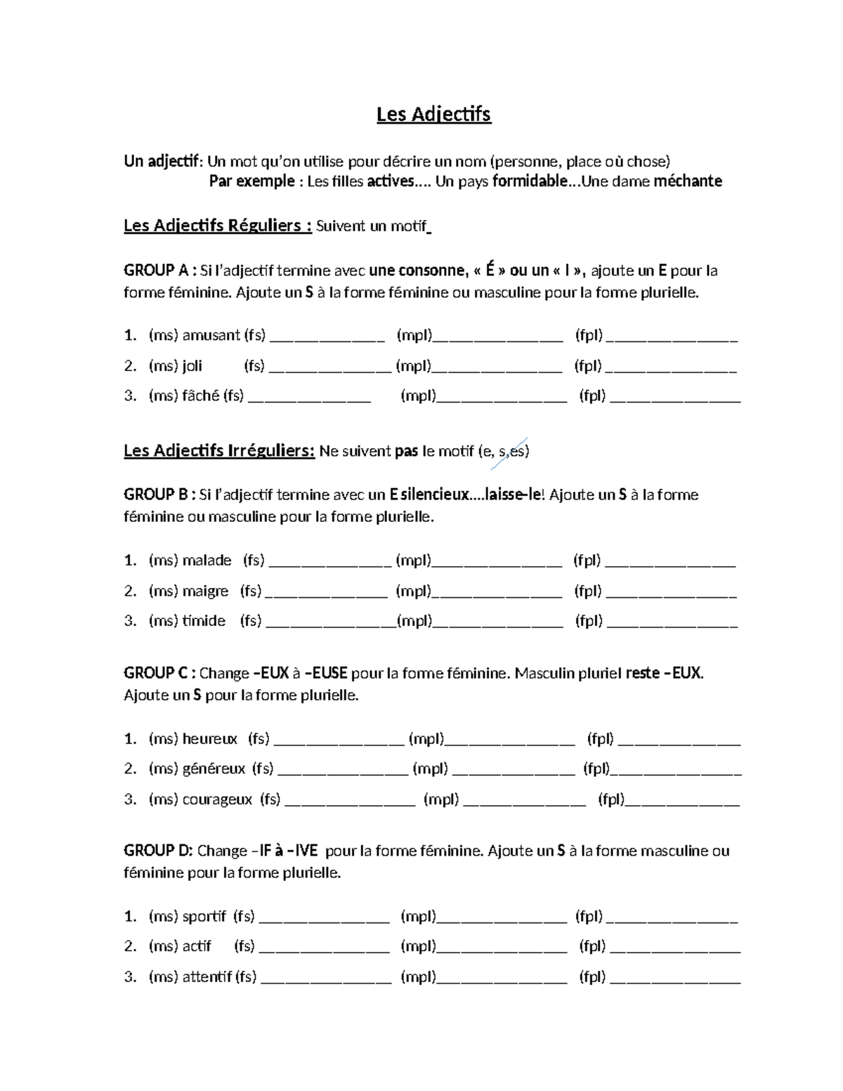Adjectif- intro - I want the mandotory assignment - Les Adjectifs Un ...