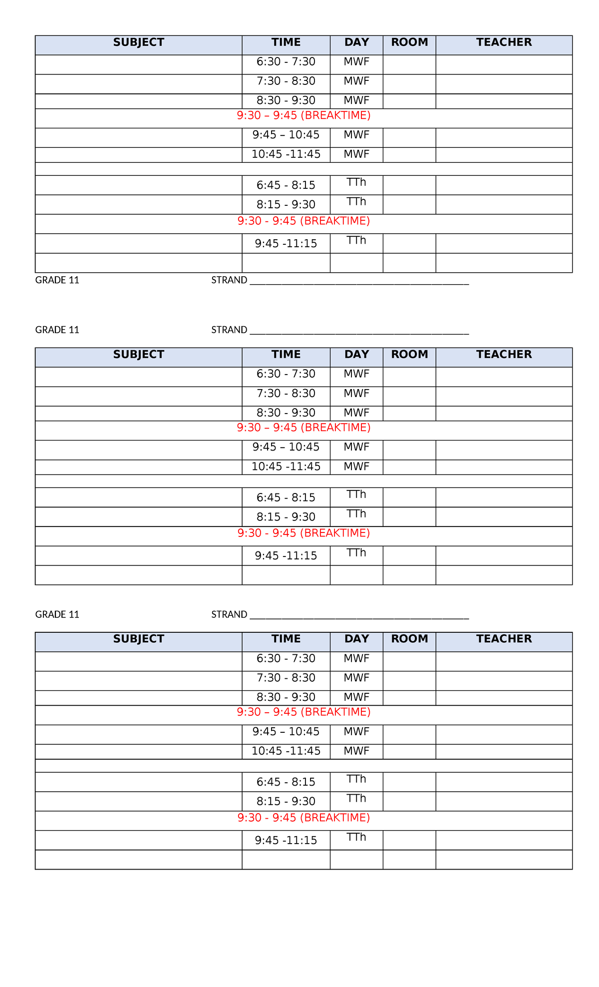 Subject 1 - reference and notes - SUBJECT TIME DAY ROOM TEACHER 6:30 ...