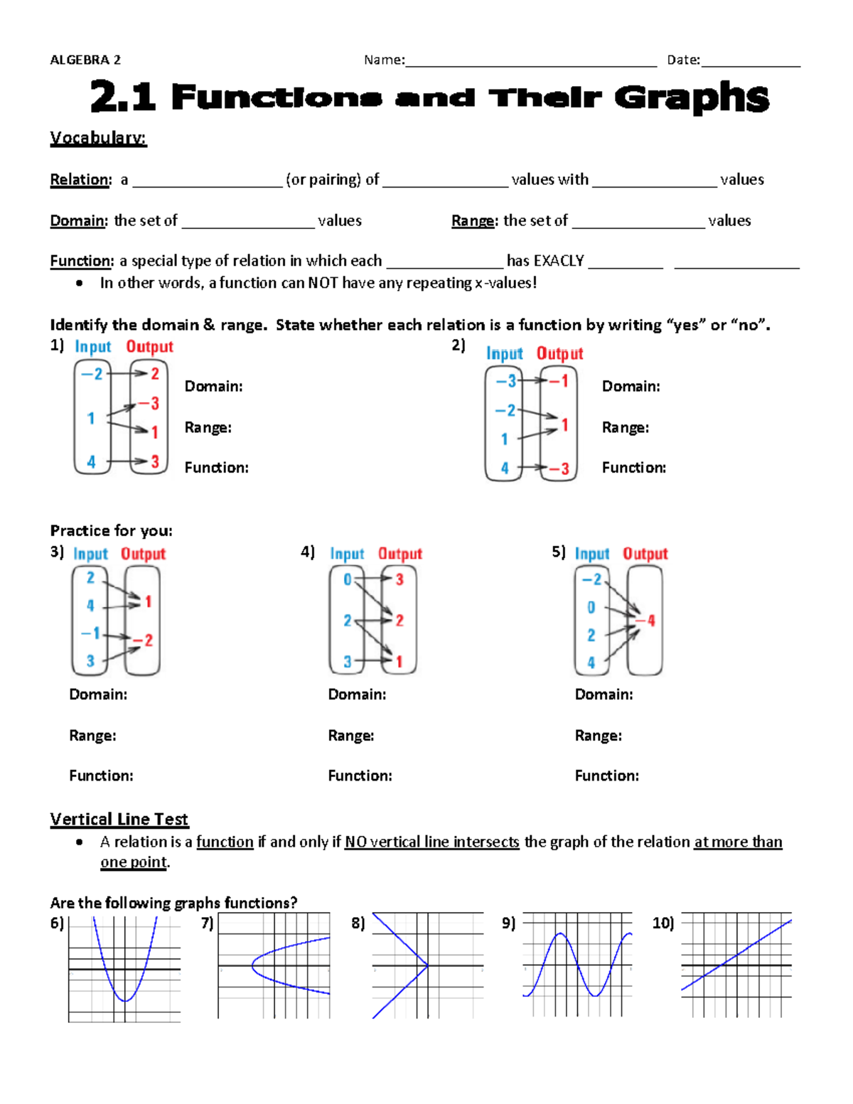 2.1-2.2 Functions and Graphing Linear Equations - ALGEBRA 2 Name