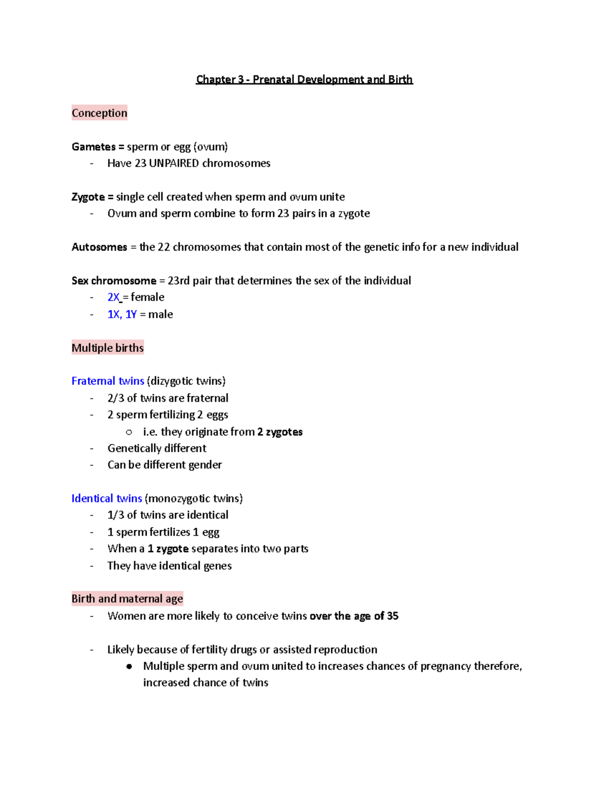 C3 - Prenatal Development and Birth - Chapter 3 - Prenatal Development and Birth Conception ...