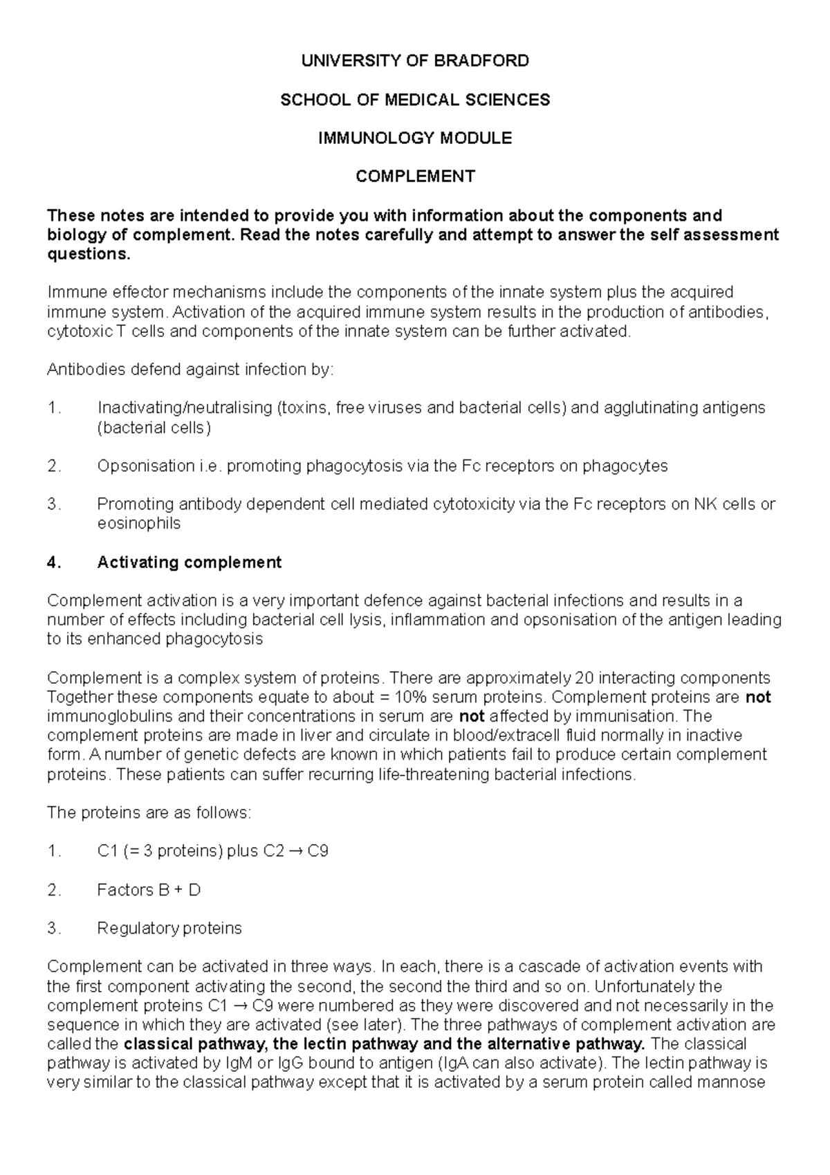 Complement Notes - UNIVERSITY OF BRADFORD SCHOOL OF MEDICAL SCIENCES ...