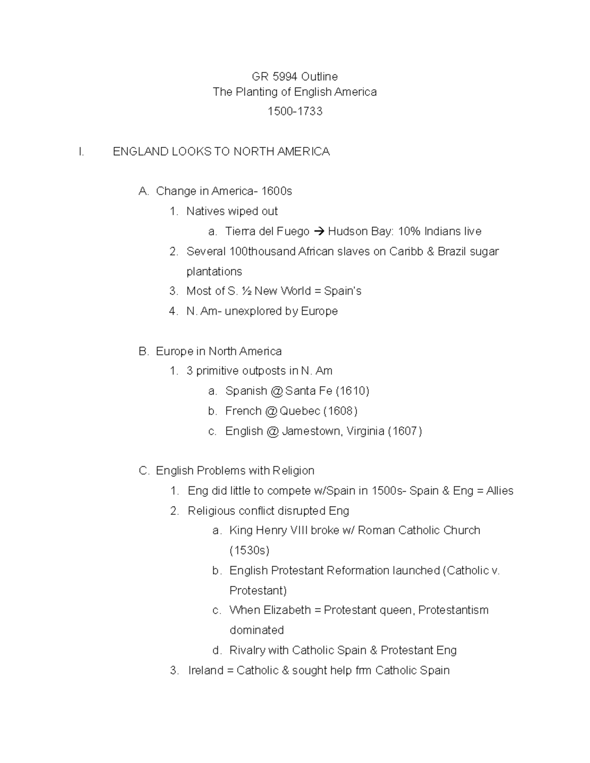 The Planting of English America 1500-1733 - GR 5994 Outline The ...