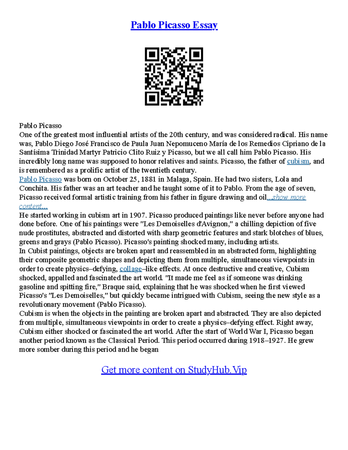 Picasso Essay Picasso Essay - Pablo Picasso Essay Pablo Picasso One of ...