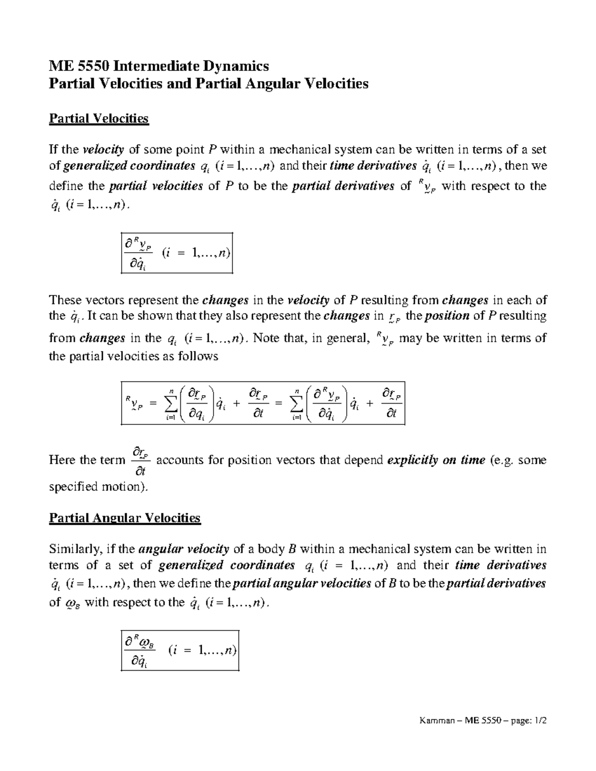 Me555Partial Velocities - Kamman – ME 5550 – page: 1/ ME 5550 Intermediate Dynamics Partial ...
