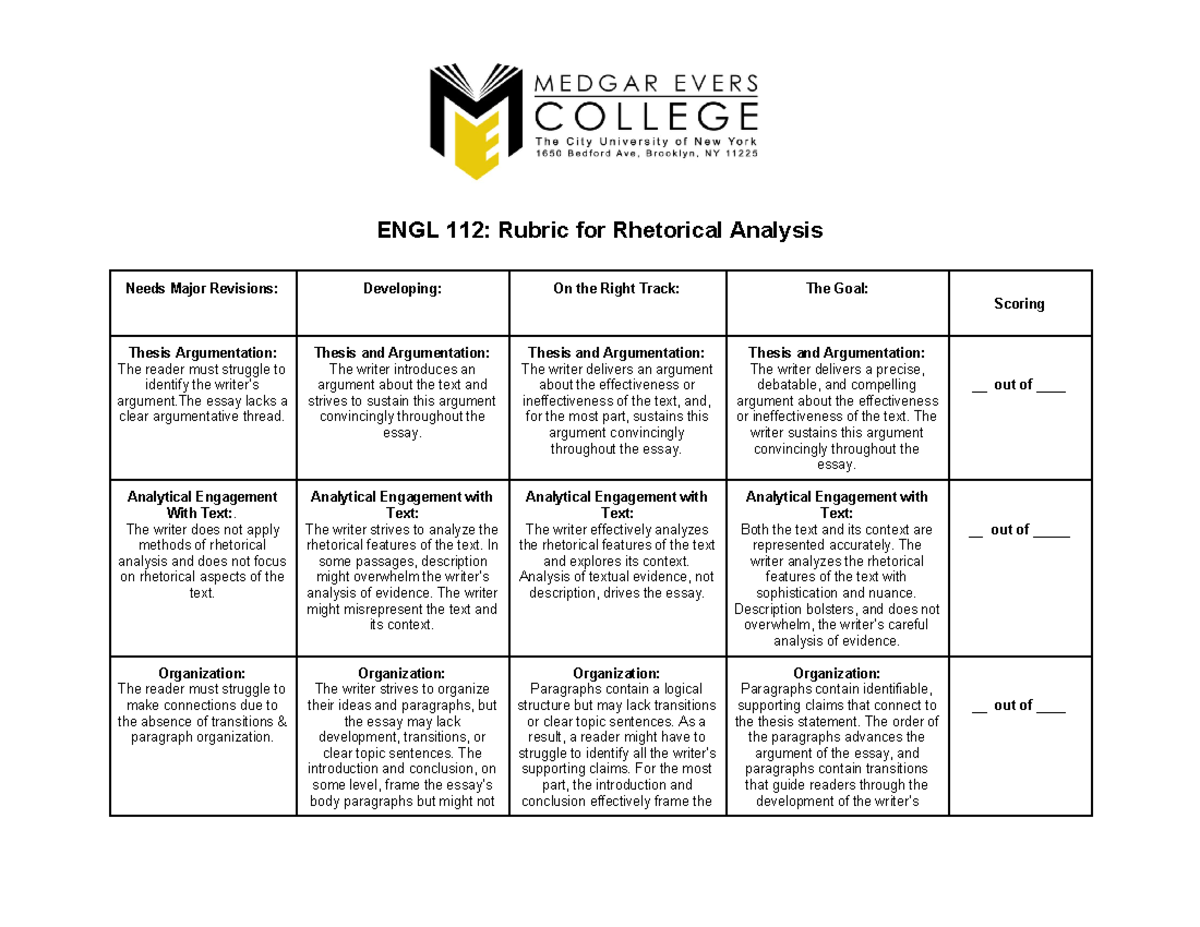 Traditional rubric for rhetorical analysis - ENGL 112: Rubric for ...