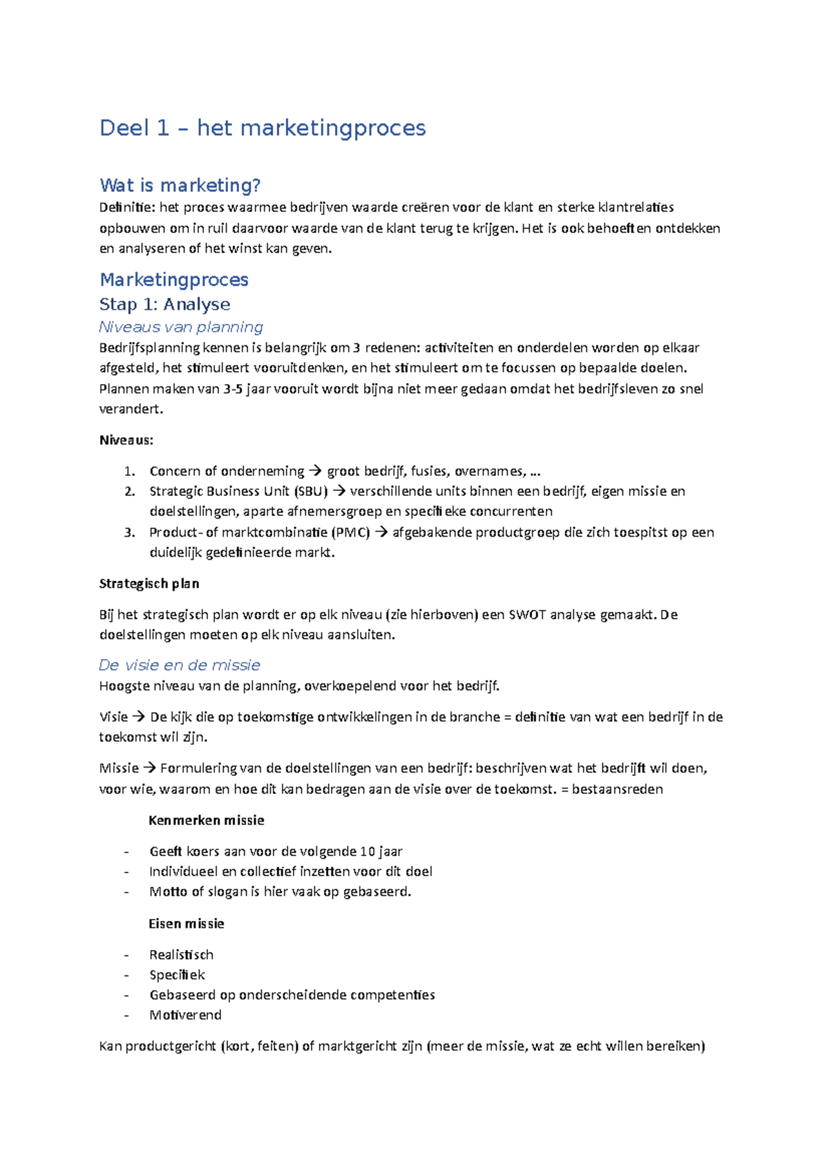 Samenvatting - Deel 1 – het marketingproces Wat is marketing? Definitie ...