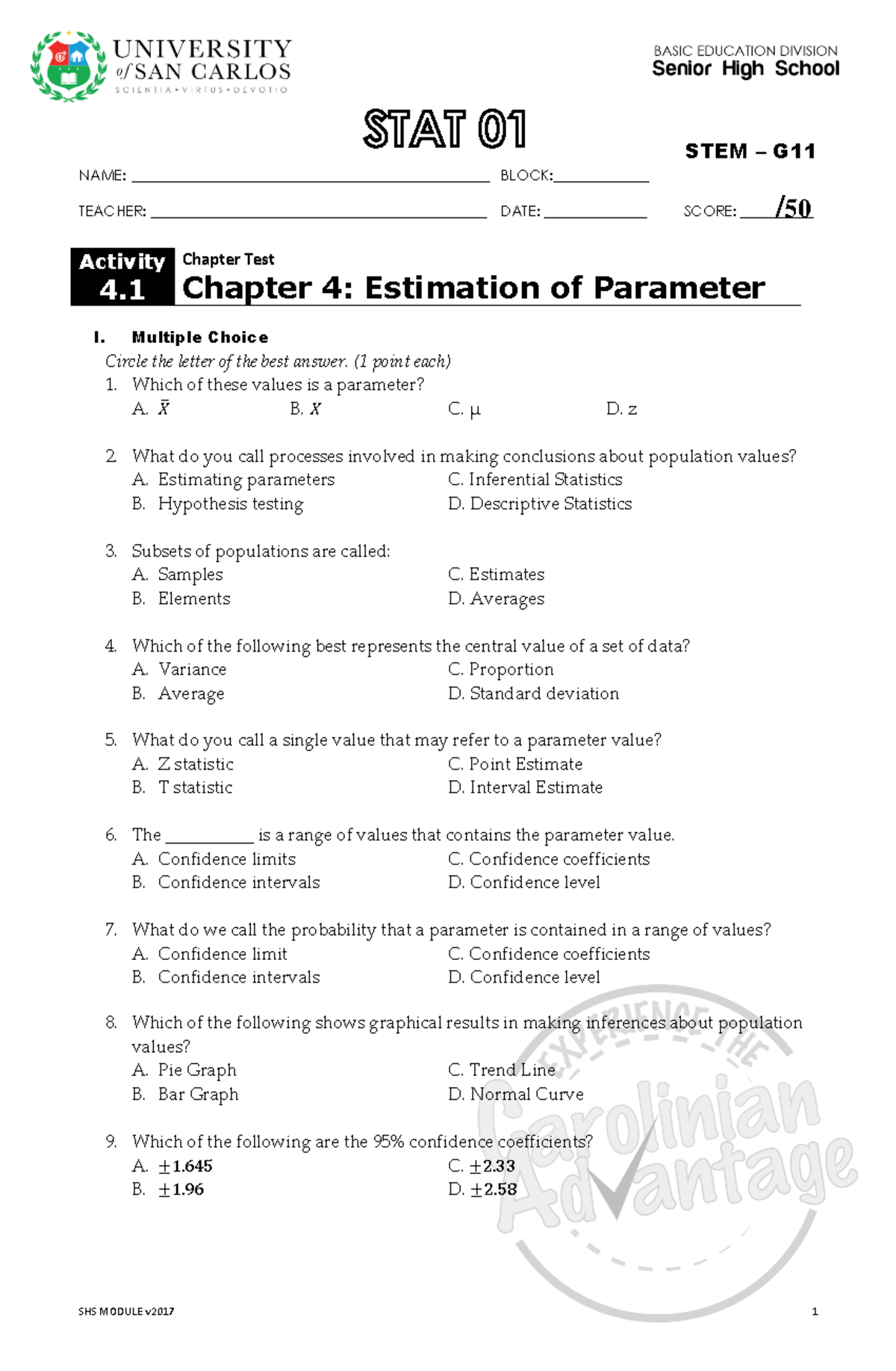 Activity Sheet 4 - Notes - SHS MODULE v2017 1 / 50 STEM – G NAME: - Studocu