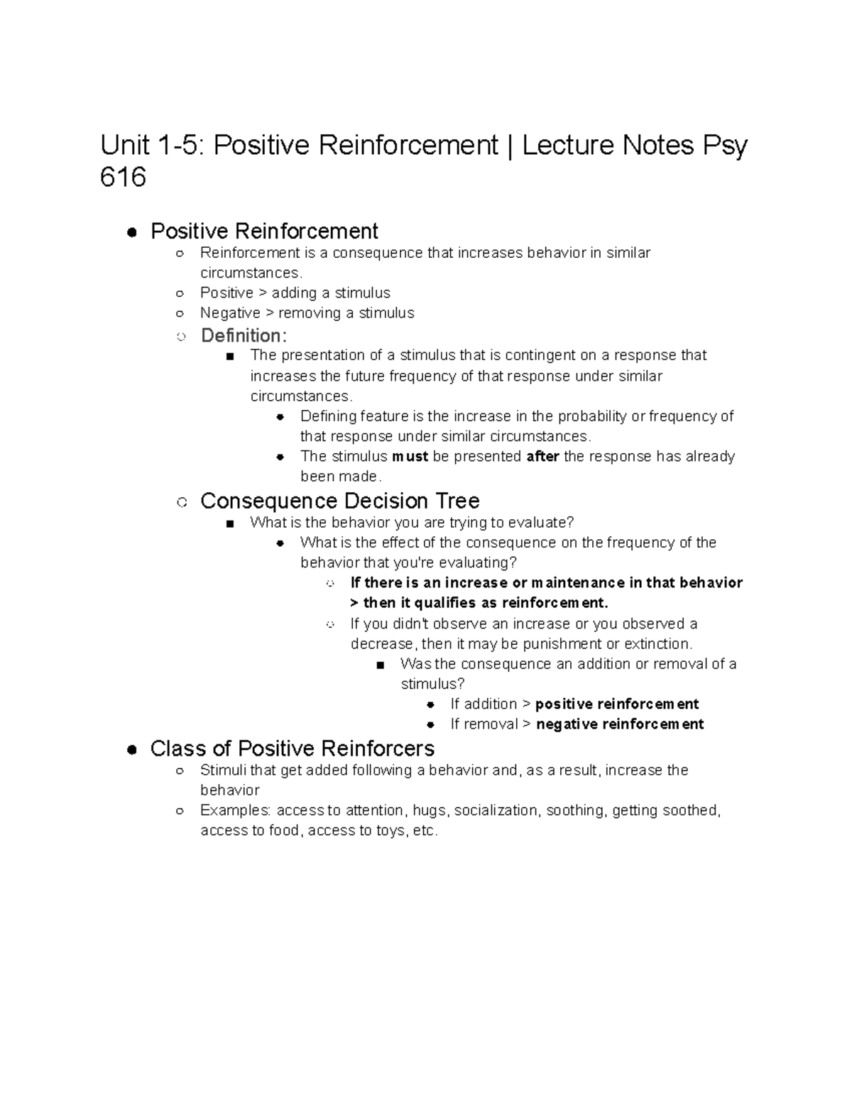 Unit 1-5 Positive Reinforcement Lecture Notes Psy 616 - Unit 1-5 ...