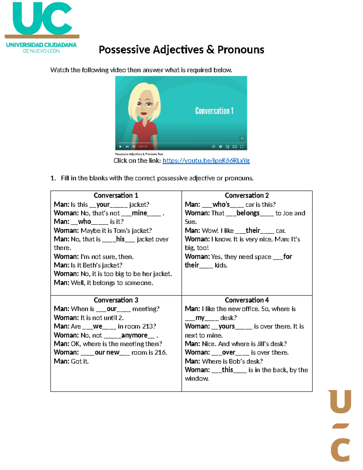 Actividad 2 Possessives Adjectives and Pronouns - Possessive Adjectives ...