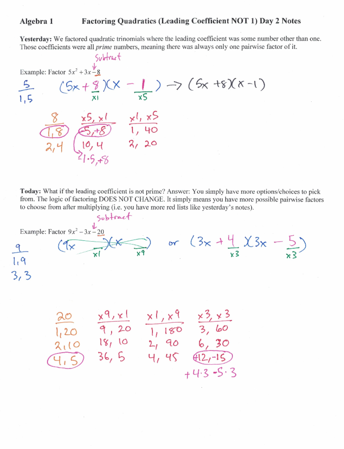 Factoring Quadratics LC NOT 1 Day 2 Notes Completed - MAT 121 - Studocu