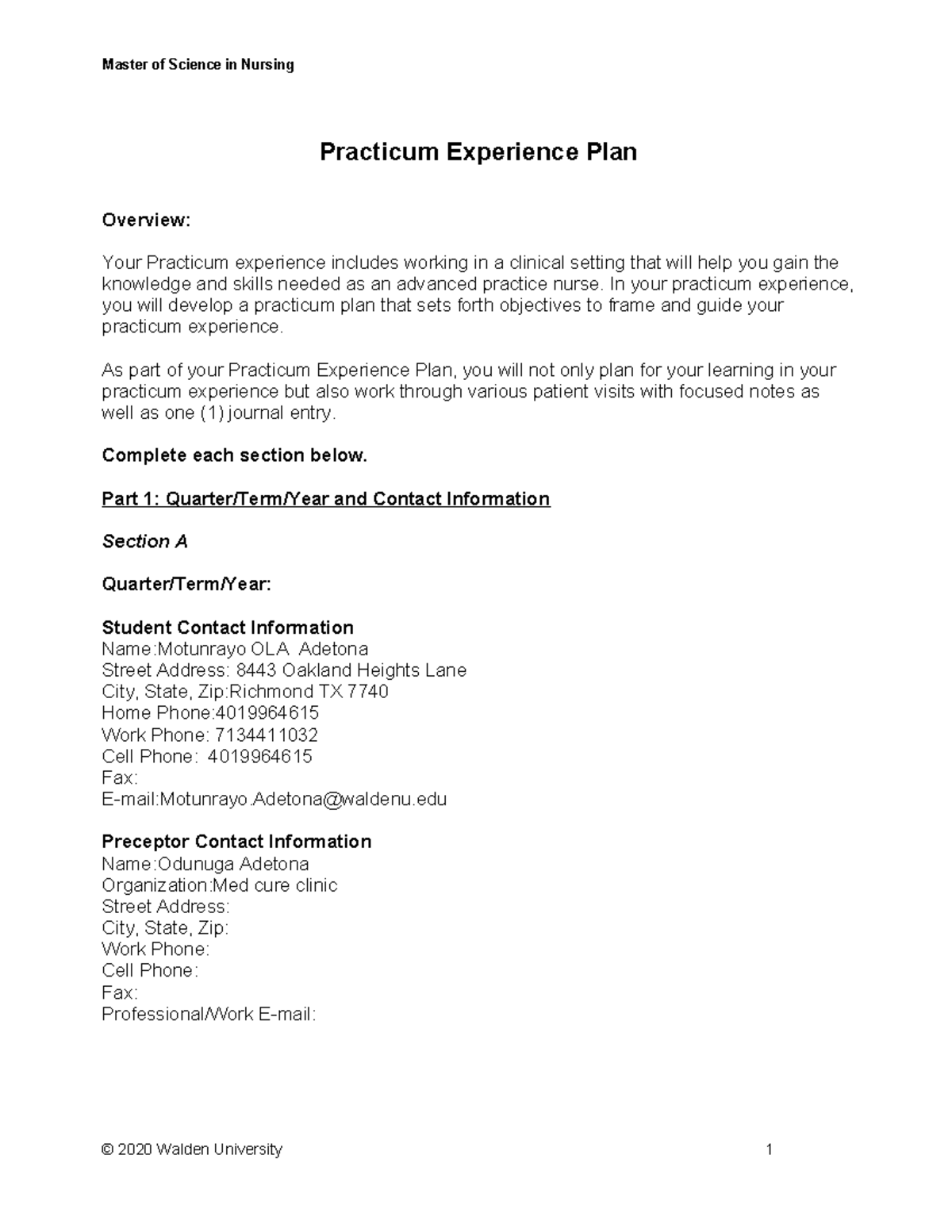 Practicum Experience Plan - Practicum Experience Plan Overview: Your Practicum experience ...