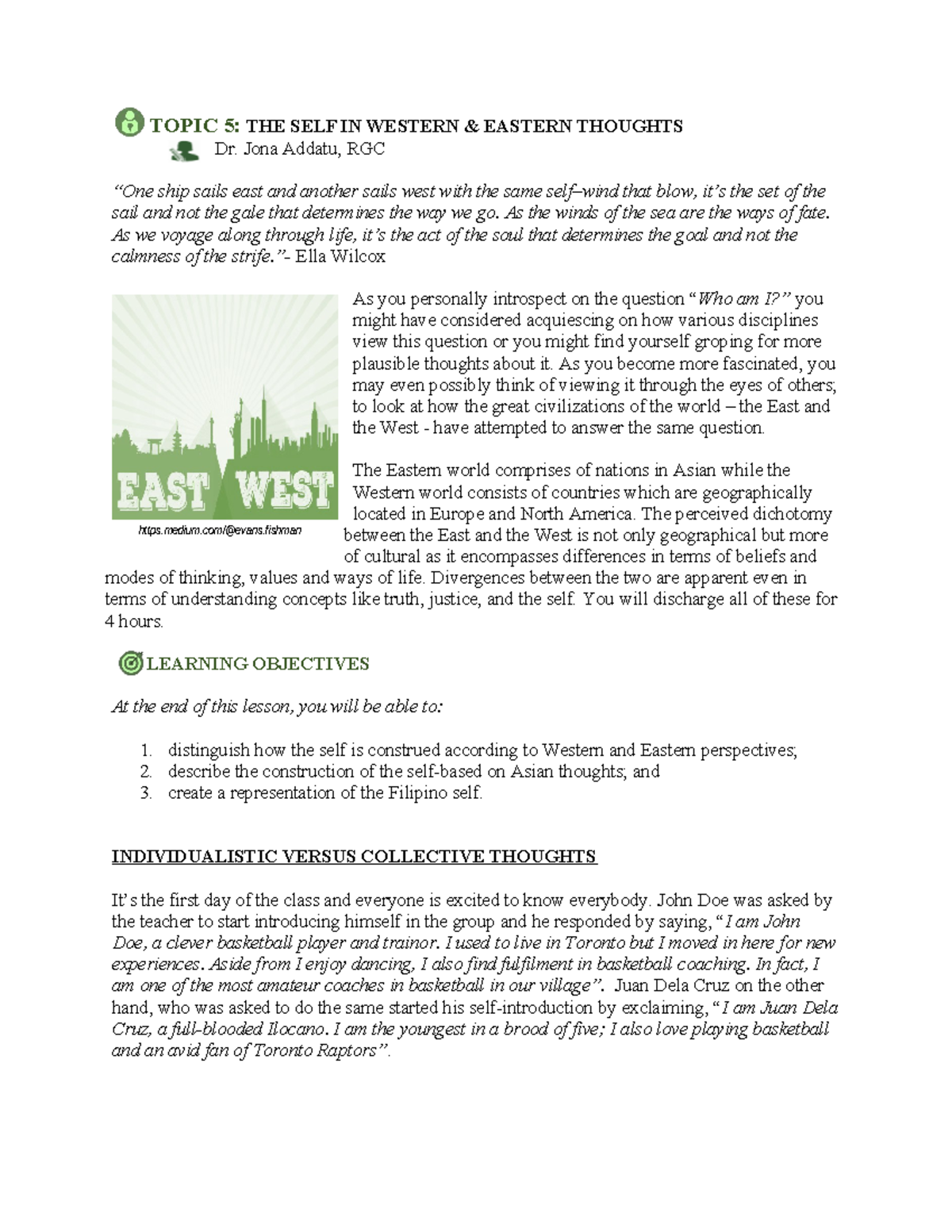 Topic 5 Eastern and Western Perspective - TOPIC 5: THE SELF IN WESTERN ...