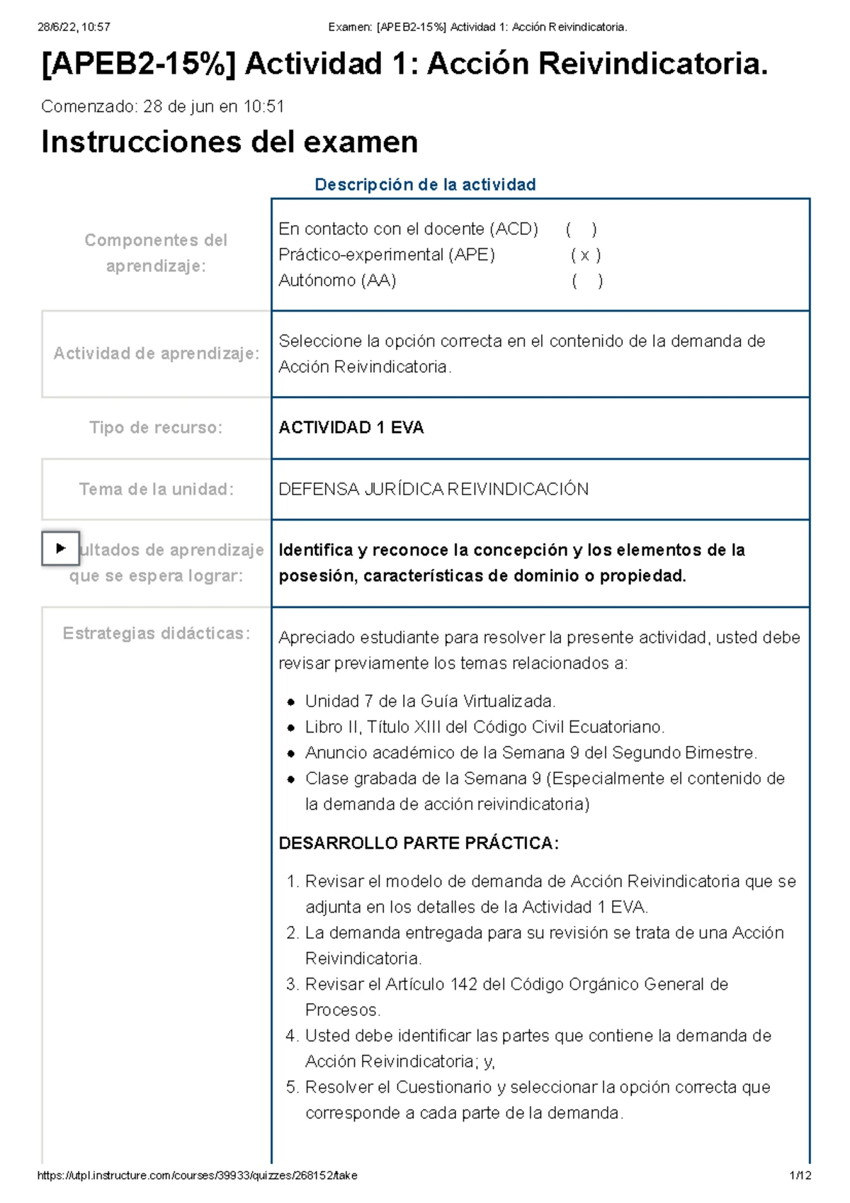 Examen [APEB 1-5%] Caso práctico 1 Identifica las instituciones de Derecho Civil - [APEB1-5% ...