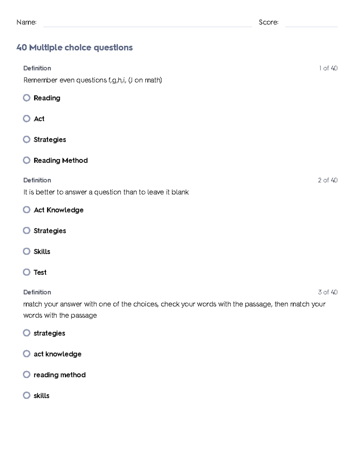 ACT PREP Notes - have express permission from - Name: Score: 40 ...