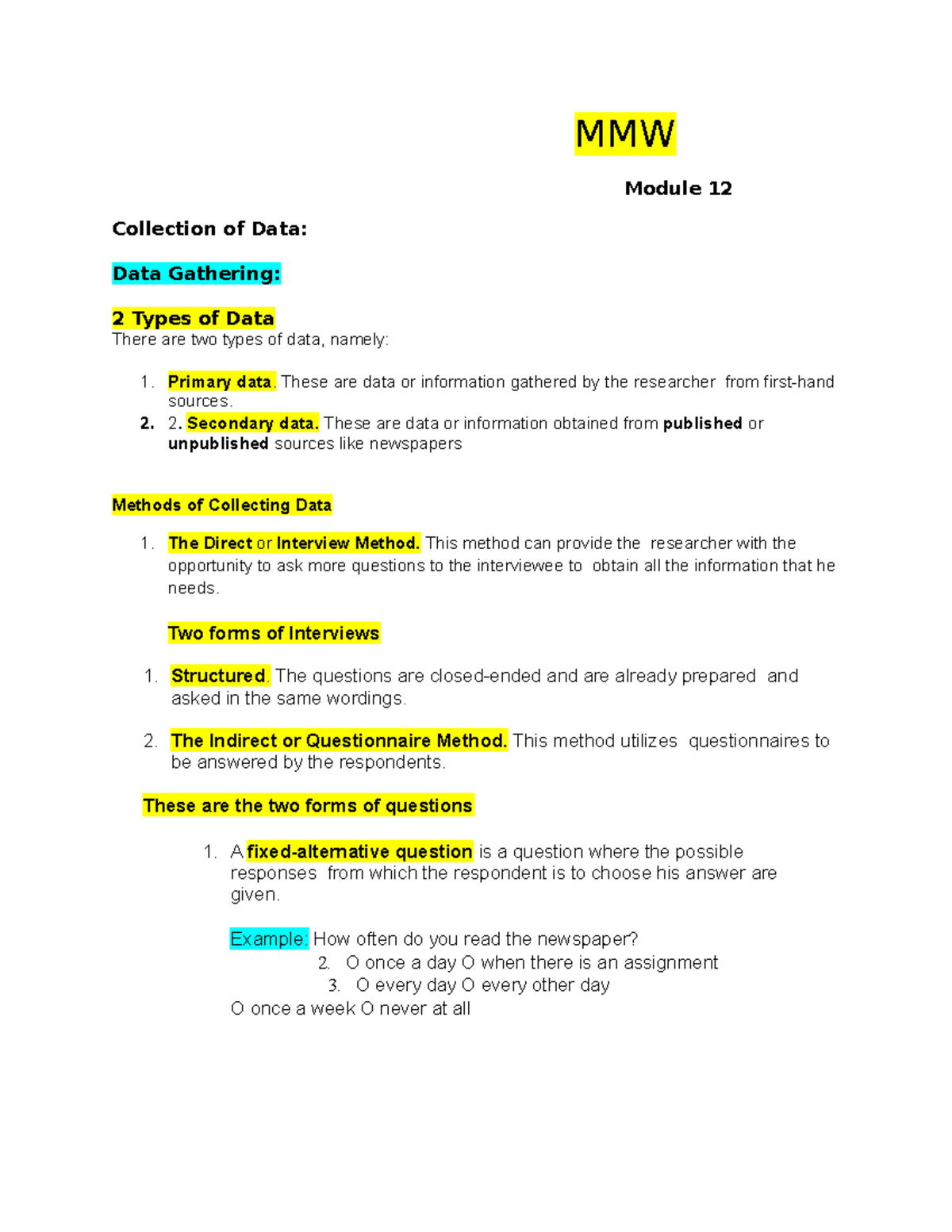 MMW module 12 reviewer - It's all about Data Gathering which we can ...