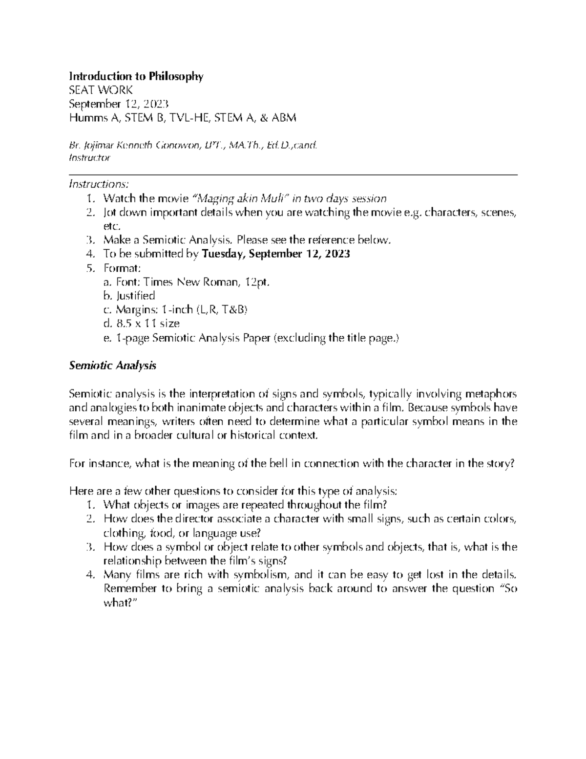 Philo Seatwork-Sept - Introduction to Philosophy SEAT WORK September 12 ...