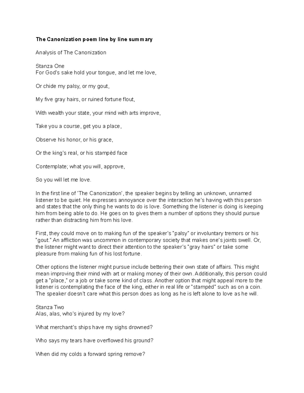 The Canonization poem line by line summary - In the first line of 8The ...