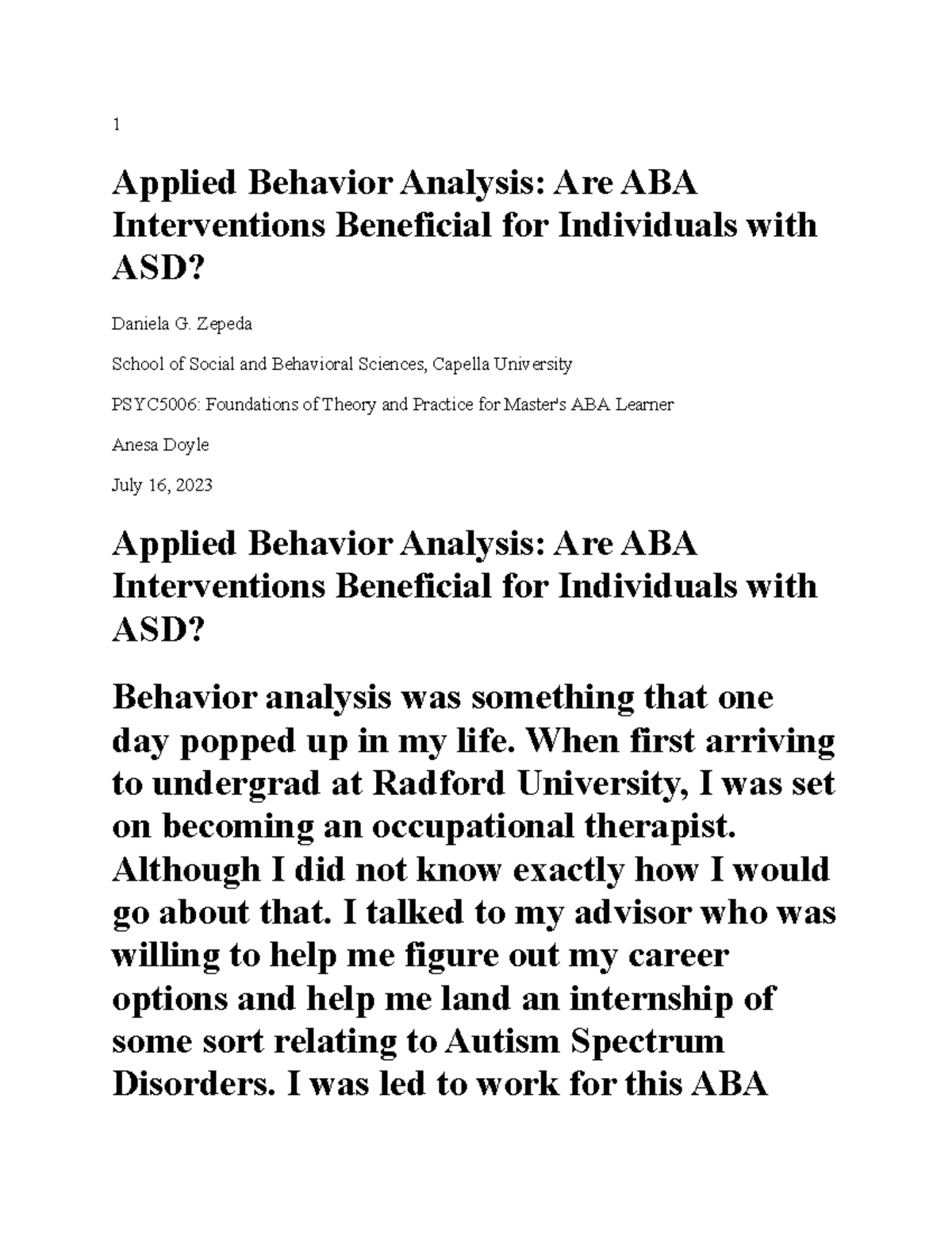 Literaturereview.u06a1 - 1 Applied Behavior Analysis: Are ABA Interventions Beneficial for - Studocu