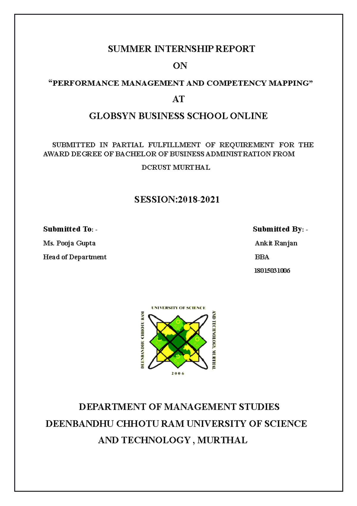 Summer Internship Report - SUMMER INTERNSHIP REPORT ON “PERFORMANCE ...