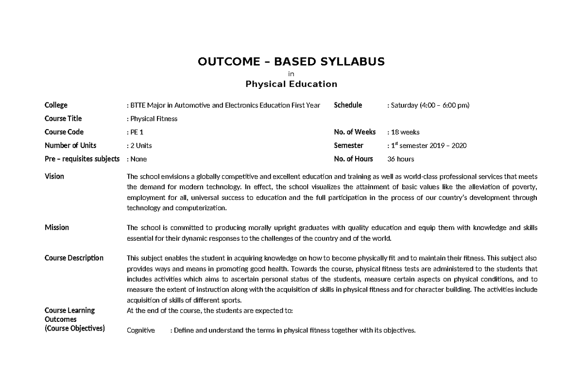 OBE Syllabus in PE1 - OUTCOME – BASED SYLLABUS in Physical Education ...