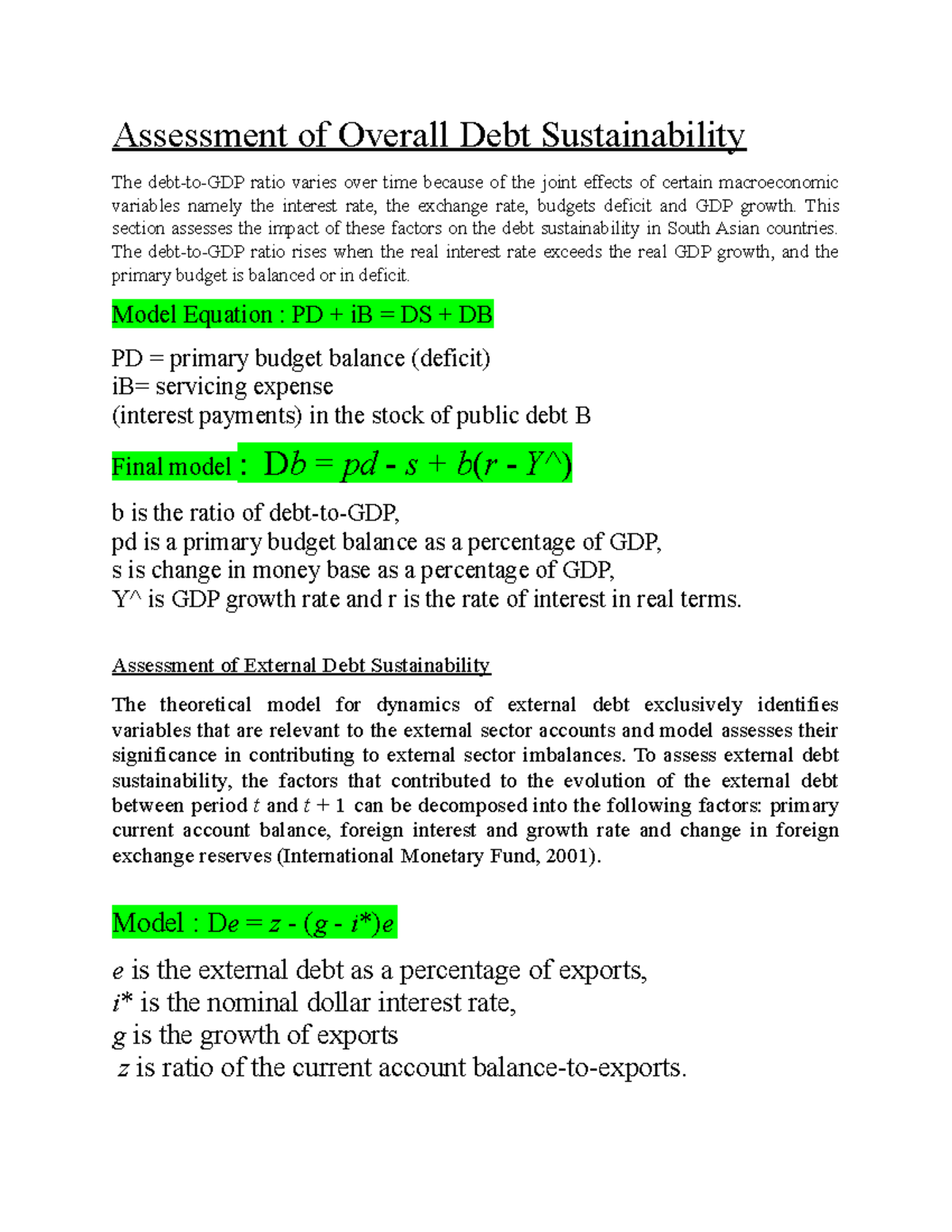 Additional model - Assessment of Overall Debt Sustainability The debt ...