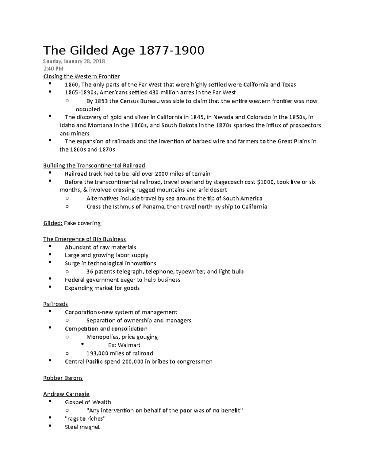 The Gilded Age - Lecture notes 2 - The Gilded Age 1877- Sunday, January ...