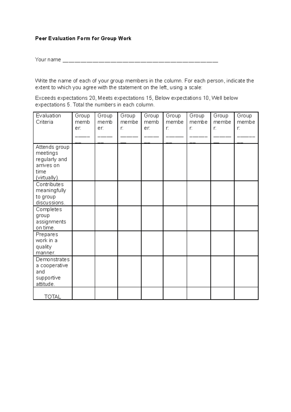 Peer-Evaluation-Rubric - Peer Evaluation Form for Group Work Your name ...