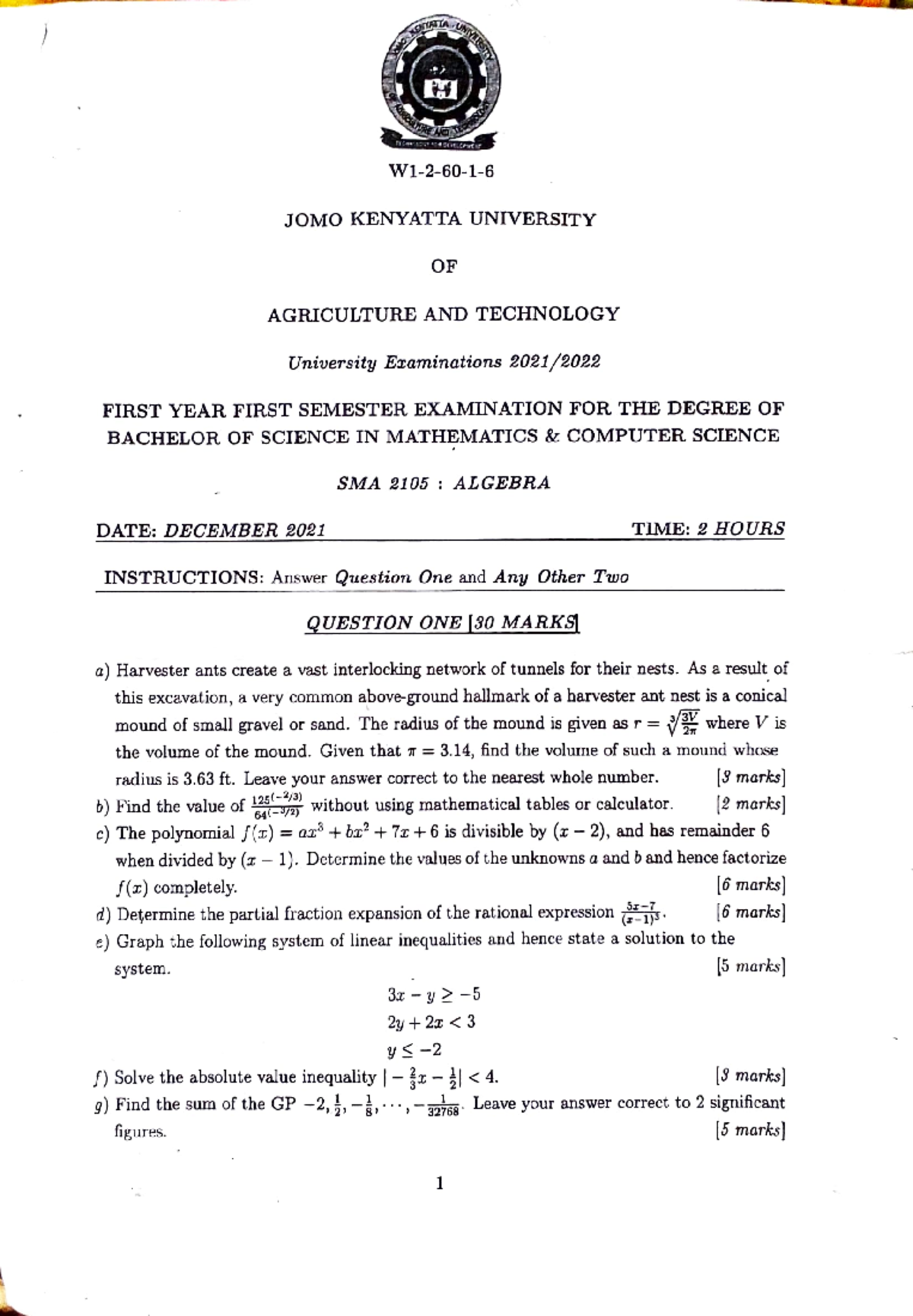 Algebra - This is a past paper for students doing Mathematics and ...