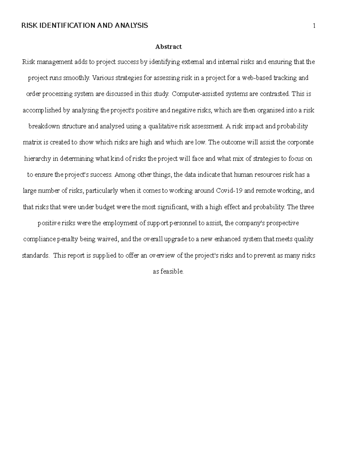 Individual Project Unit 2 - Abstract Risk management adds to project ...